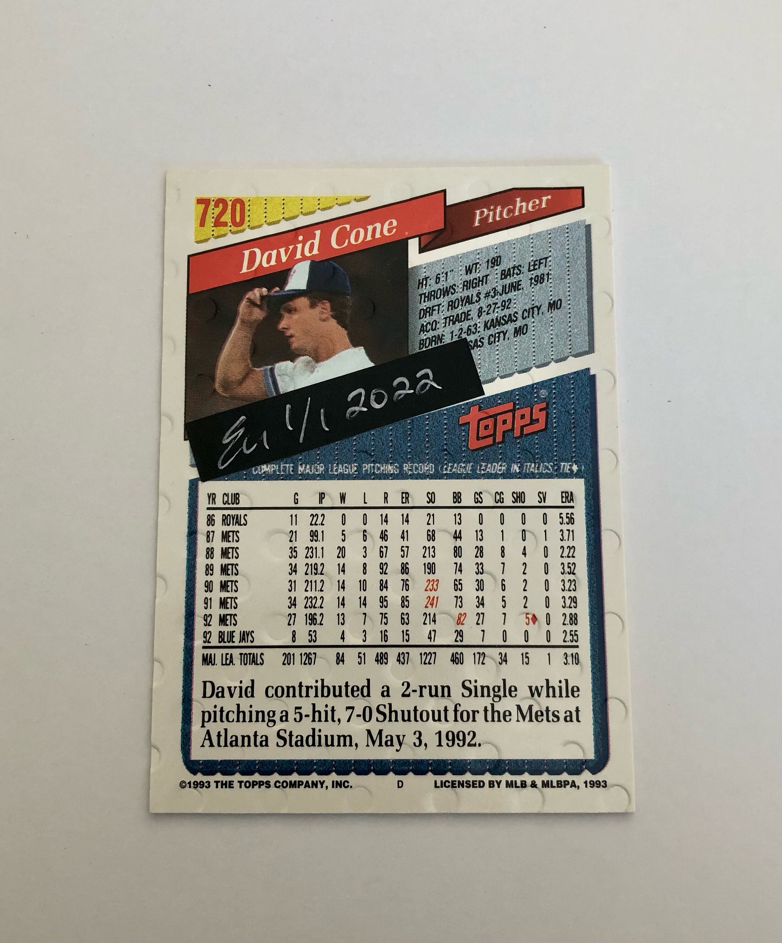 David Cone Custom Card Art: 1993 Topps #720 - Etsy