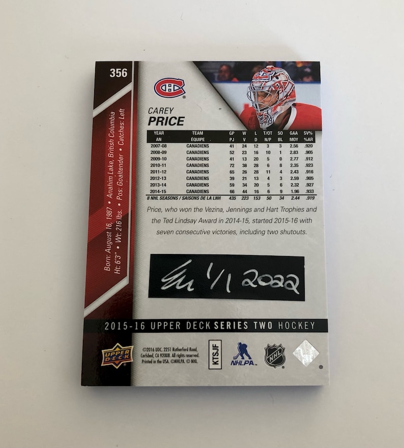 Carey Price Custom Card Art: 2015-16 Upper Deck #356 - Etsy