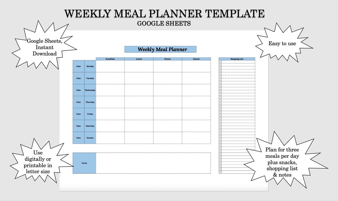 Weekly Meal Planner Google Sheets Shopping List Grocery Planner Instant ...