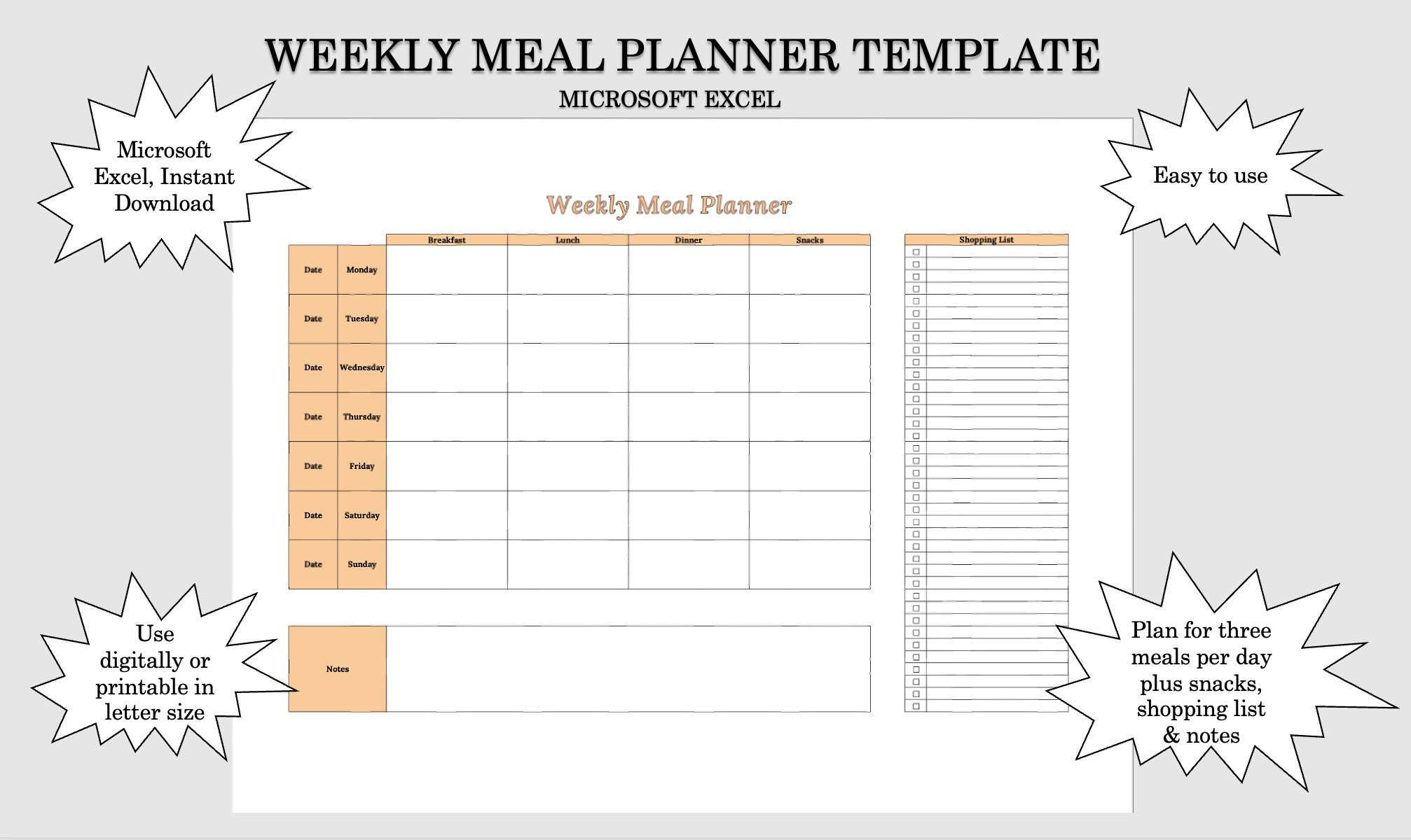 Weekly Meal Planner Microsoft Excel Shopping List Grocery Planner ...
