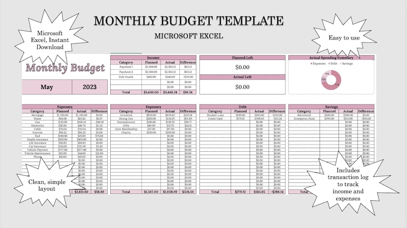 Monthly Budget Template Microsoft Excel Budget Planner Instant Download ...