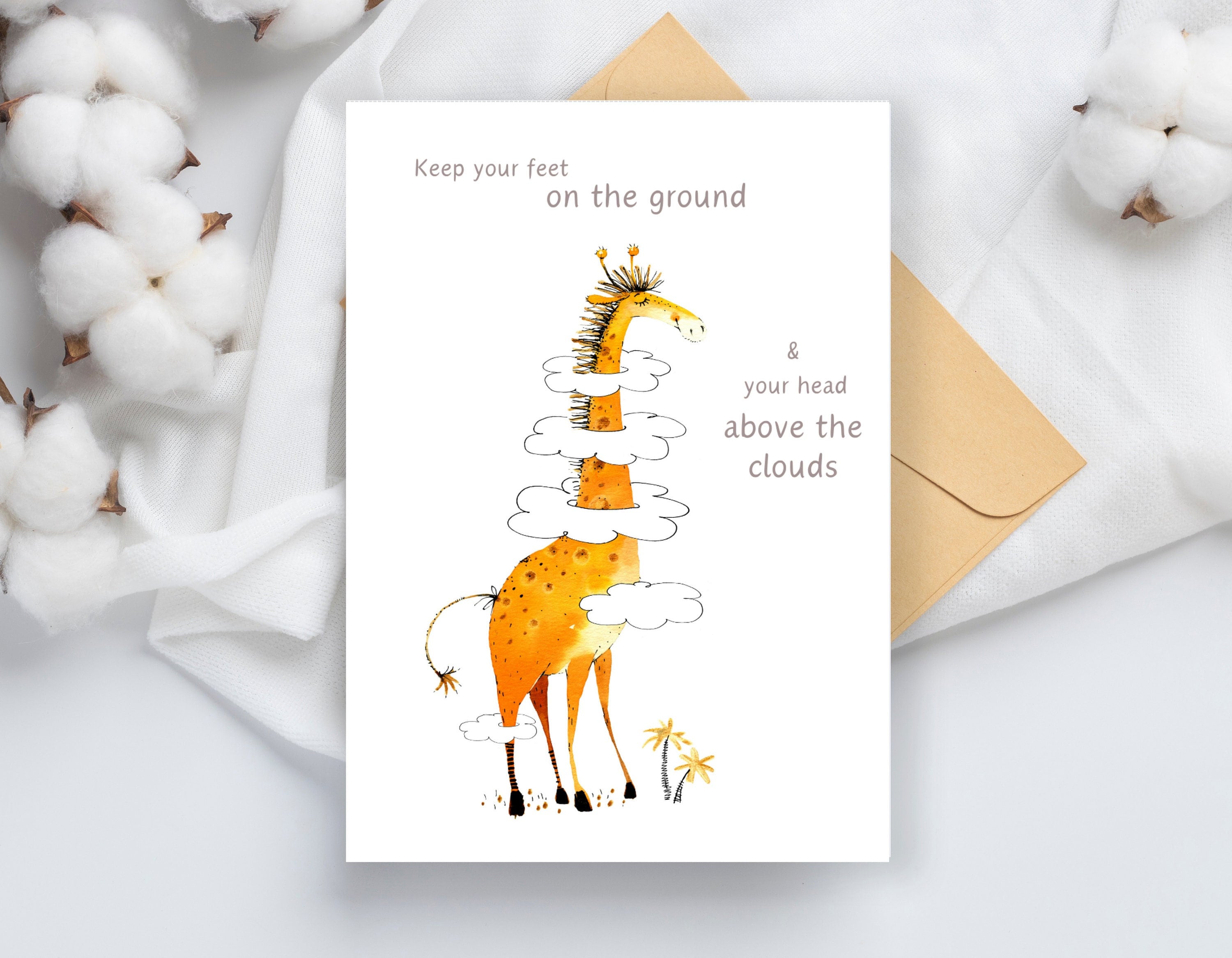 Printable Encouragement Card, Cute Giraffe With Clouds, Foldable, Blank ...