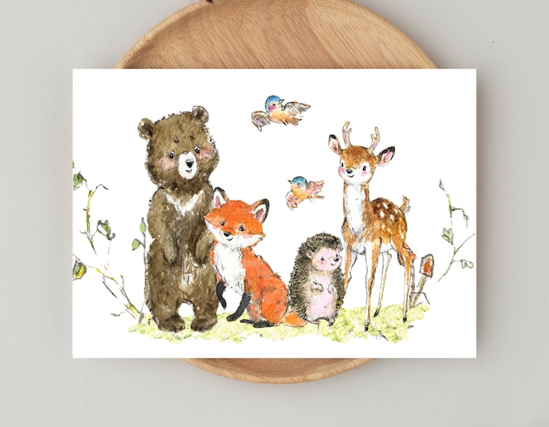 Printable Woodland Card, Cute Animals, Foldable, Blank Card, Postcard ...