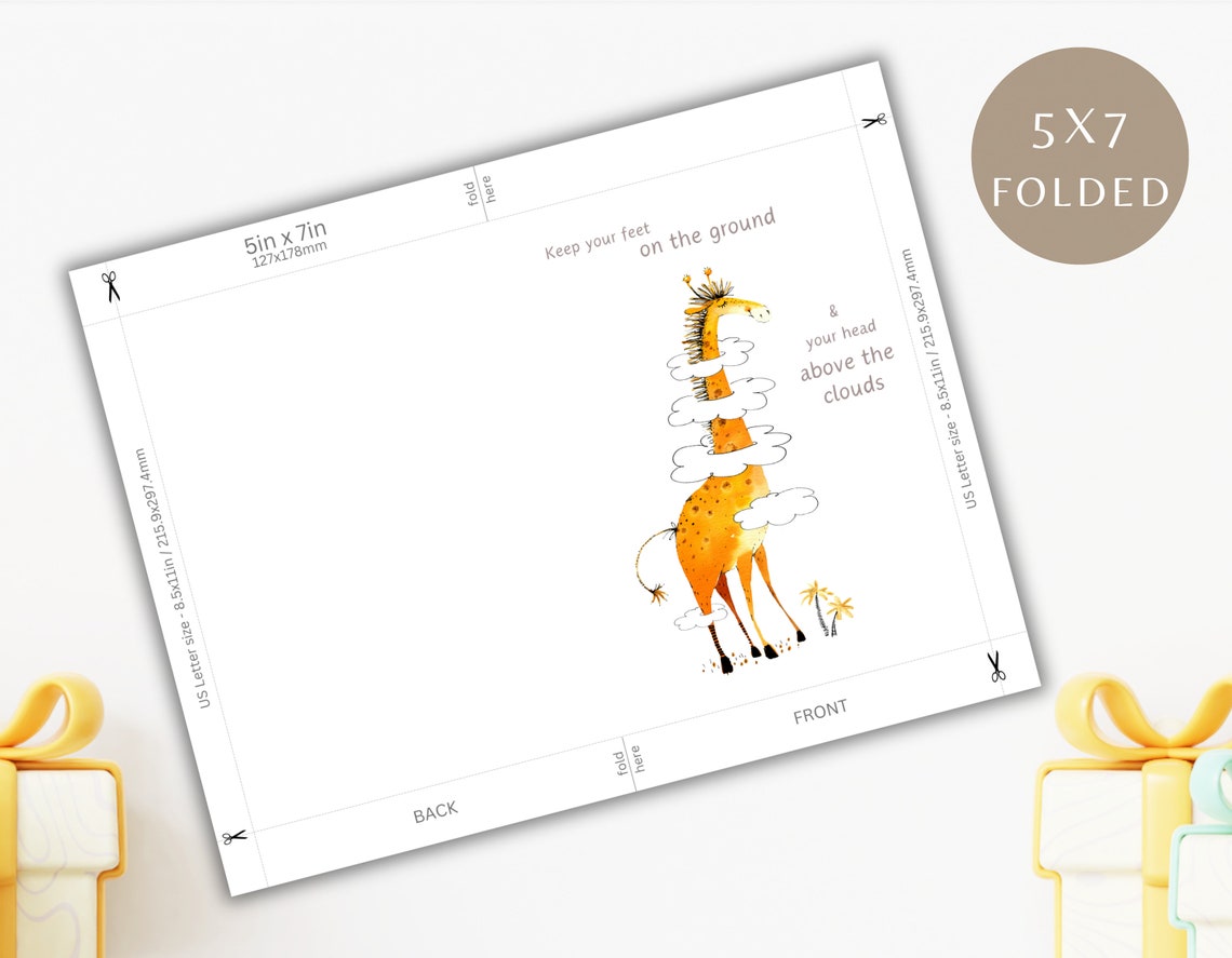 Printable Encouragement Card, Cute Giraffe With Clouds, Foldable, Blank ...