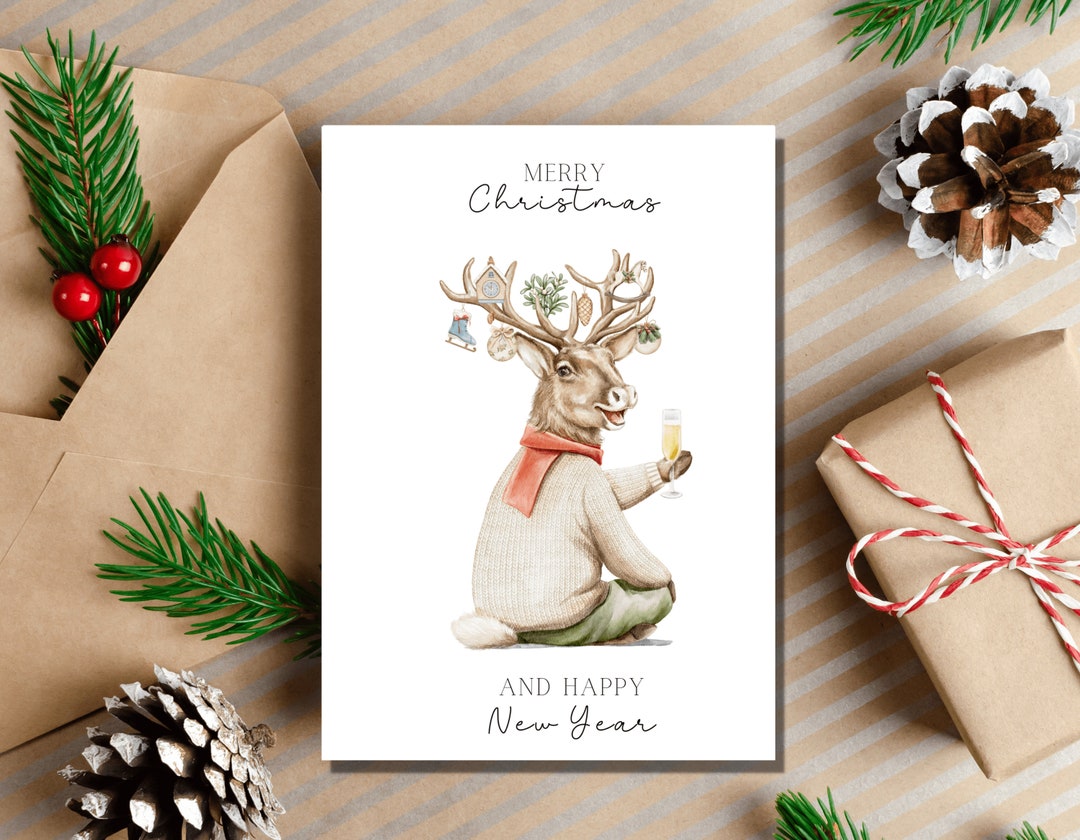 Printable Christmas Card, Cute Reindeer Foldable Christmas Card, Blank ...