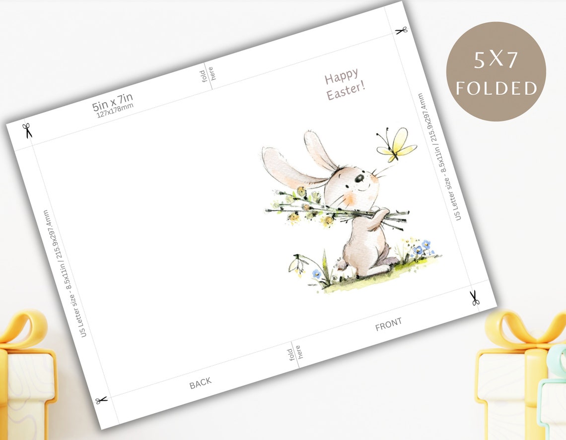 Printable Easter Card, Cute Bunny With Flowers, Foldable, Blank Card ...