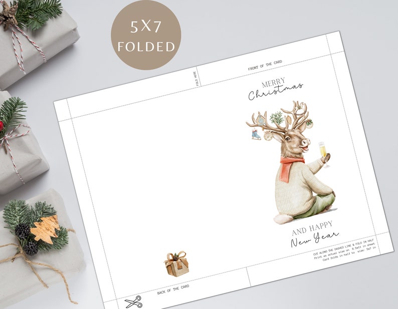 Printable Christmas Card, Cute Reindeer Foldable Christmas Card, Blank ...