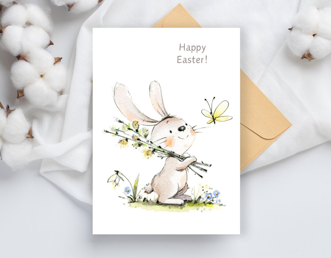 Printable Easter Card, Cute Bunny With Flowers, Foldable, Blank Card ...