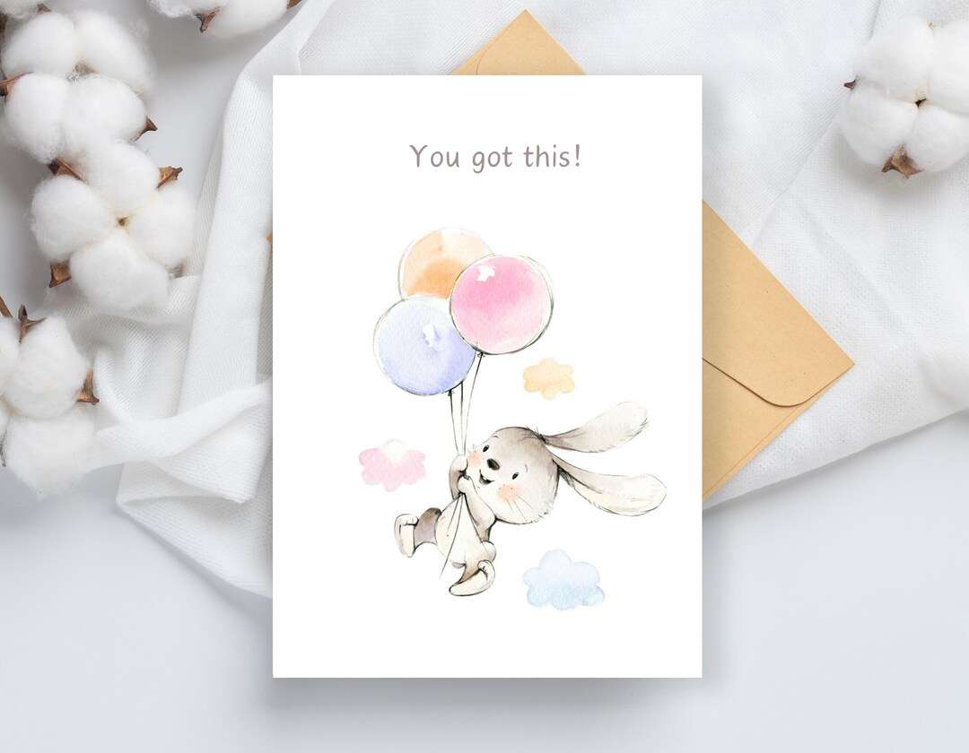 Printable Cute Encouragement Card, Cute Bunny With Balloons, Foldable ...