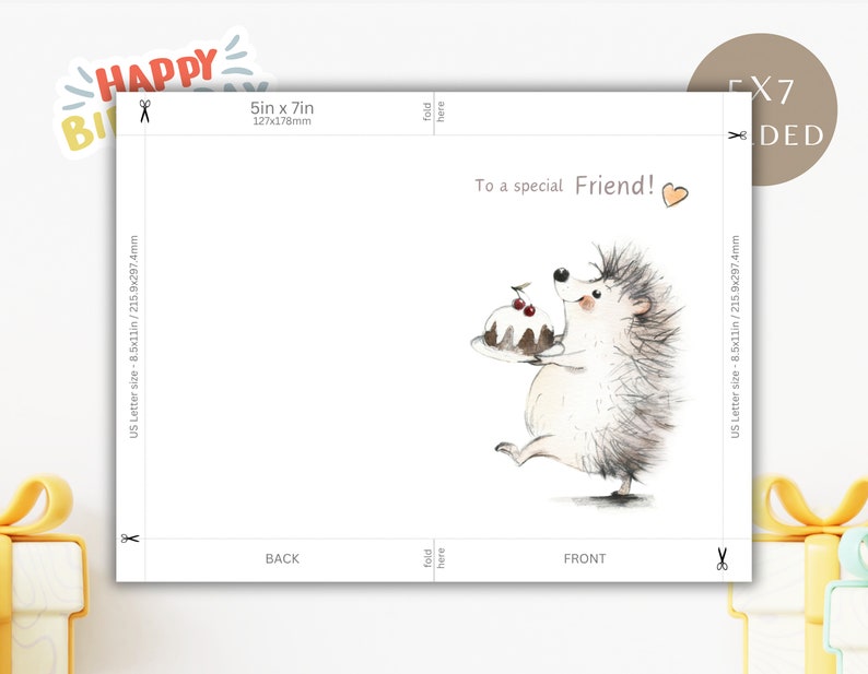Printable Friendship Card, Cute Hedgehog With Cake, Foldable, Blank ...