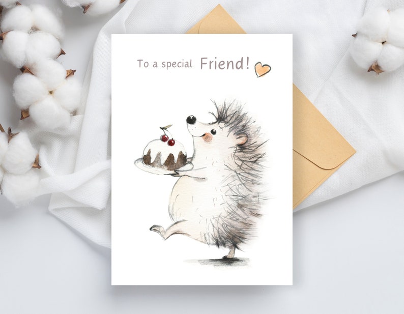 Printable Friendship Card, Cute Hedgehog With Cake, Foldable, Blank ...