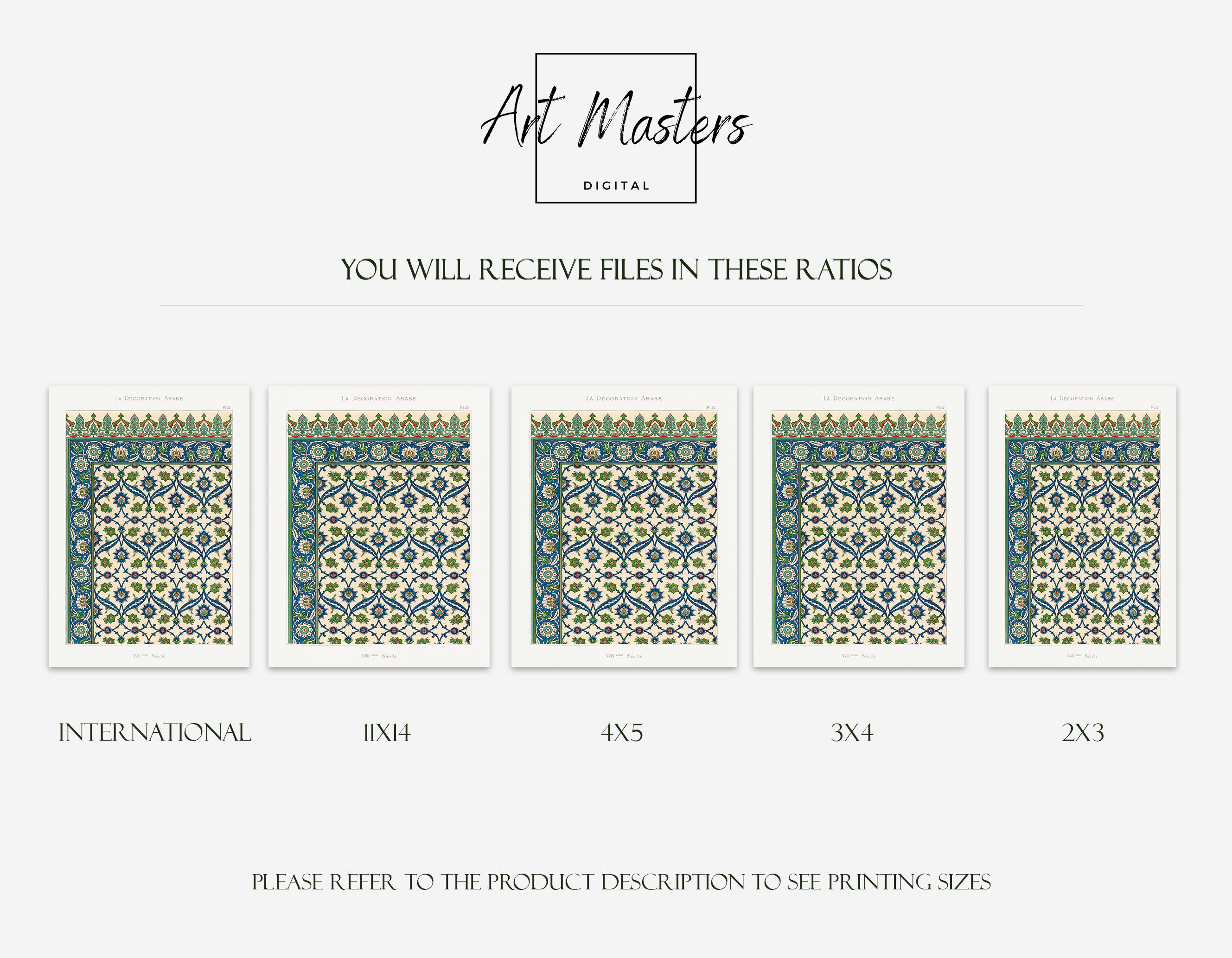 6 Prints Gallery Wall Set, Vintage Arabic Pattern Wall Art, Blue Green ...