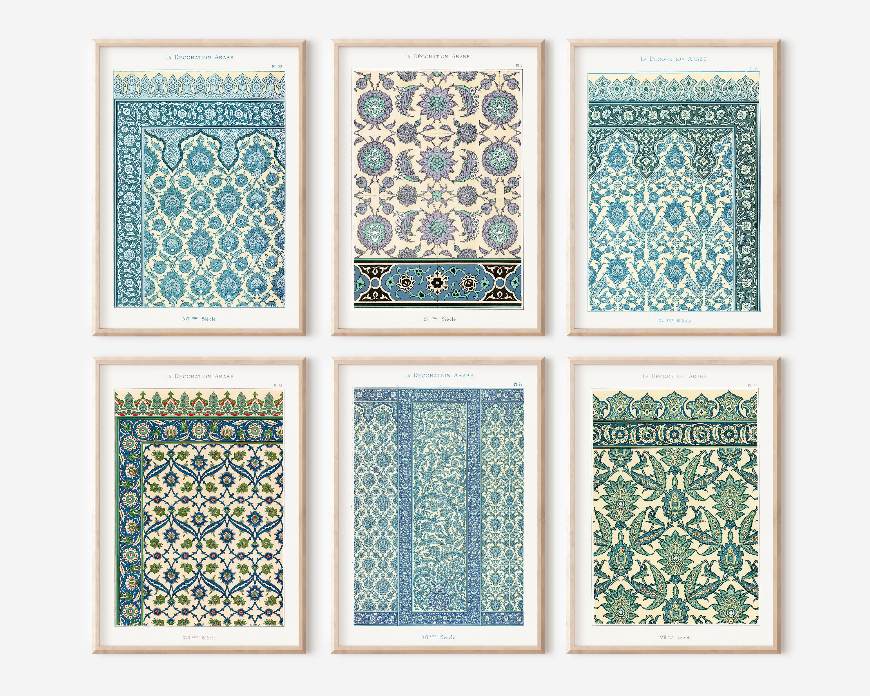 6 Prints Gallery Wall Set, Vintage Arabic Pattern Wall Art, Blue Green ...