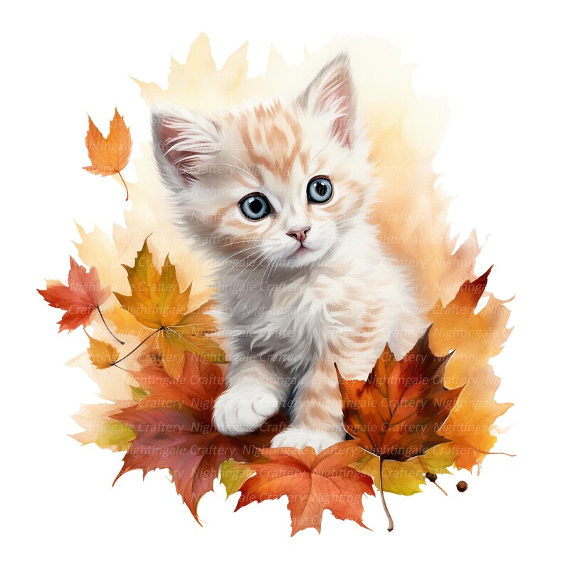 10 Kitten Autumn Clipart, Cat Clipart, Printable Watercolor Clipart ...
