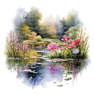 16 Floral Garden With Pond Clipart, Printable Watercolor Clipart, High ...