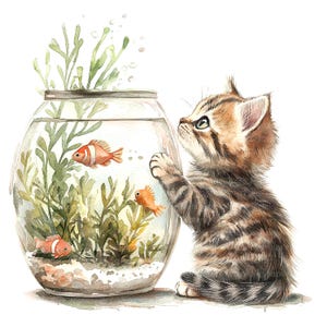 14 Kitten and Aquarium Clipart, Cat Clipart, Printable Watercolor ...