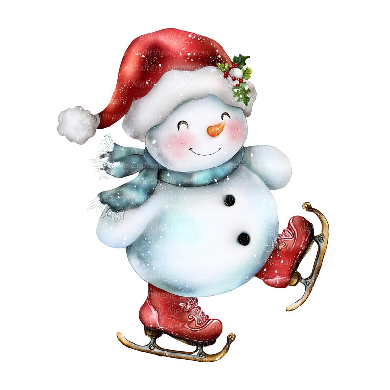 Skating Snowman Clipart: Christmas Watercolor Designs (digital Download ...