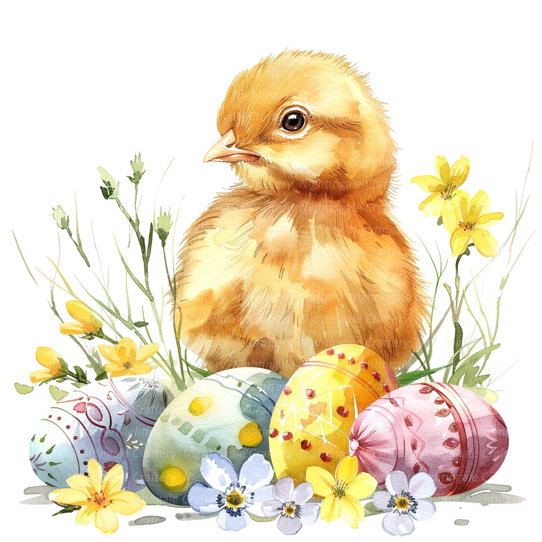 8 Easter Chick and Eggs Clipart, Easter Chick, Printable Watercolor ...