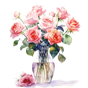 10 Roses in Vase Clipart, Pink Roses, Printable Watercolor Clipart ...