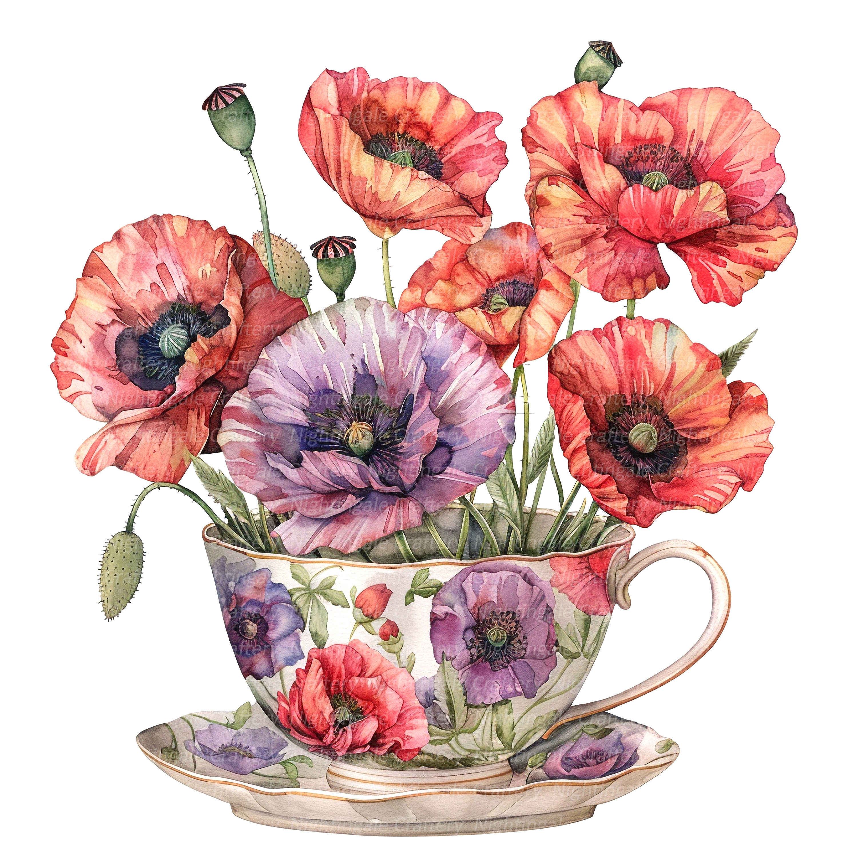 10 Poppies in Tea Cup Clipart, Floral Tea Cup, Printable Watercolor ...