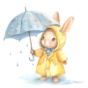 10 Bunny Rainy Clipart, Bunny With Umbrella, Printable Watercolor ...