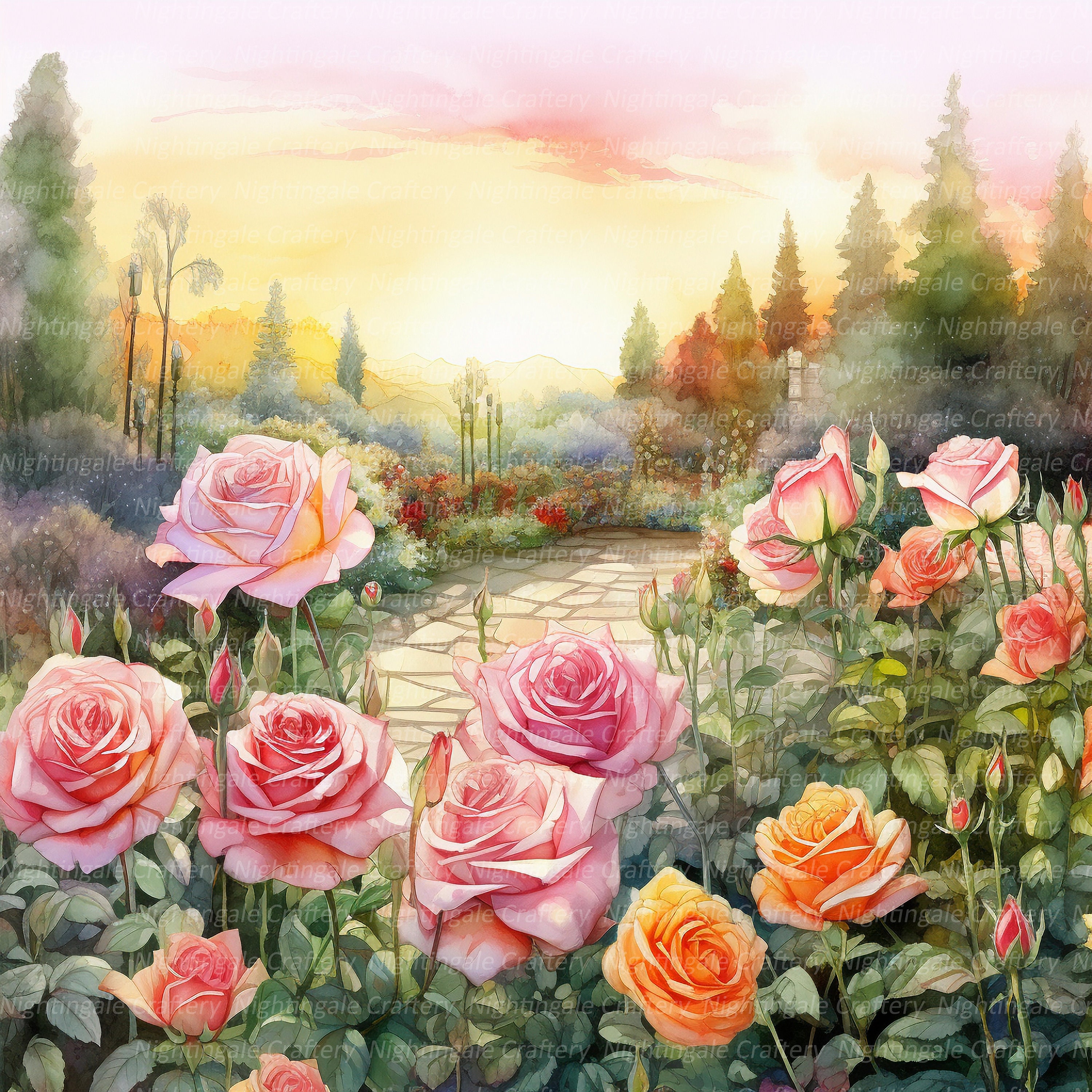 10 Rose Garden Clipart, Sunset Over Garden, Printable Watercolor ...