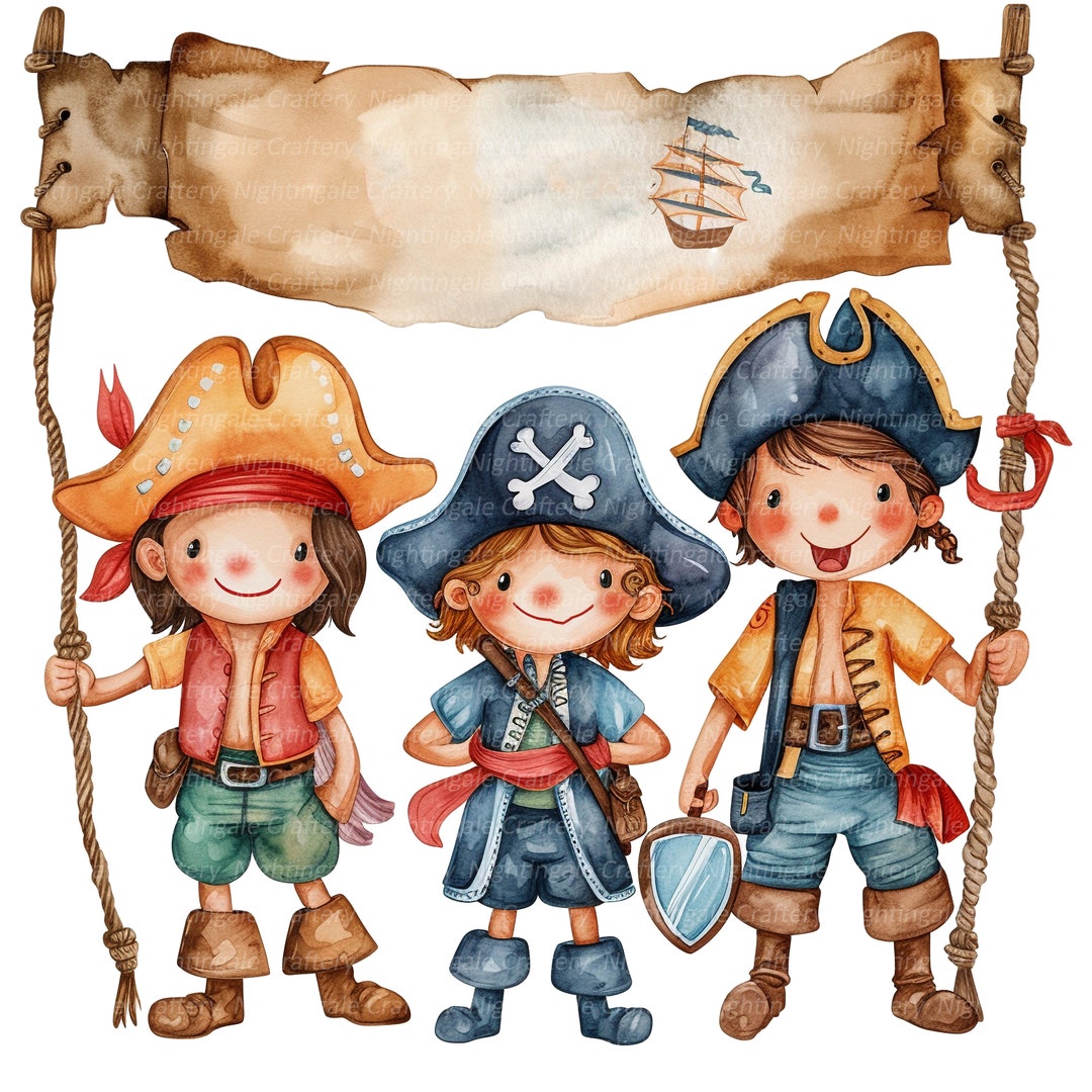 10 Pirates Party Clipart, Cartoon Pirates Print, Printable Watercolor ...