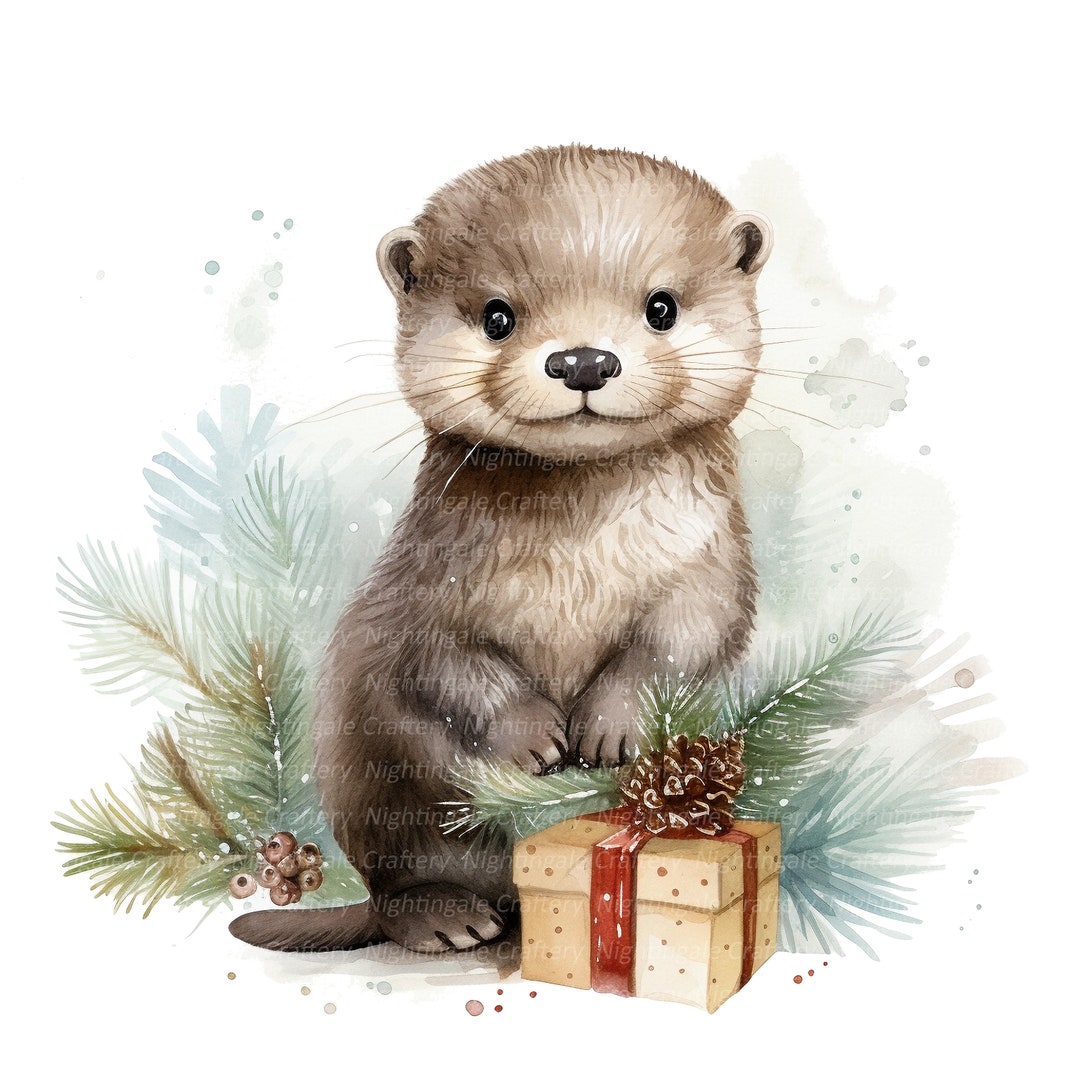 10 Christmas Otter Clipart, Cute Otter Clipart, Printable Watercolor ...