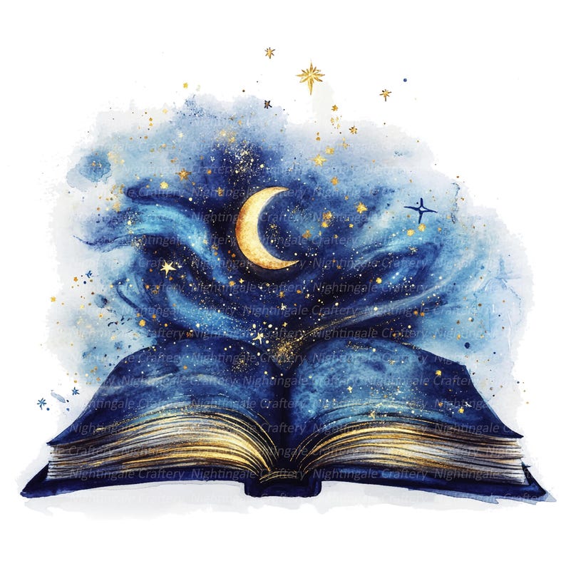 10 Starry Night Storybook, Magical Book Clipart, Printable Watercolor ...