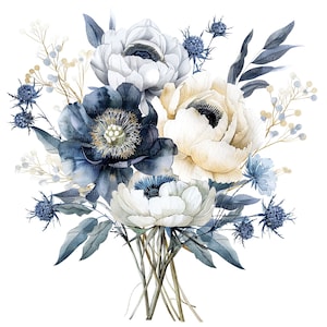 10 Blue Peonies Bouquet Clipart, Peonies Print, Printable Watercolor ...