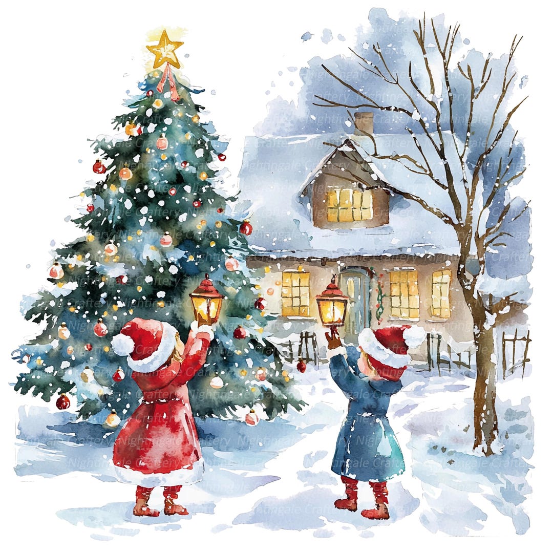 12 Christmas Tree and Kids Clipart, Christmas Card, Printable ...