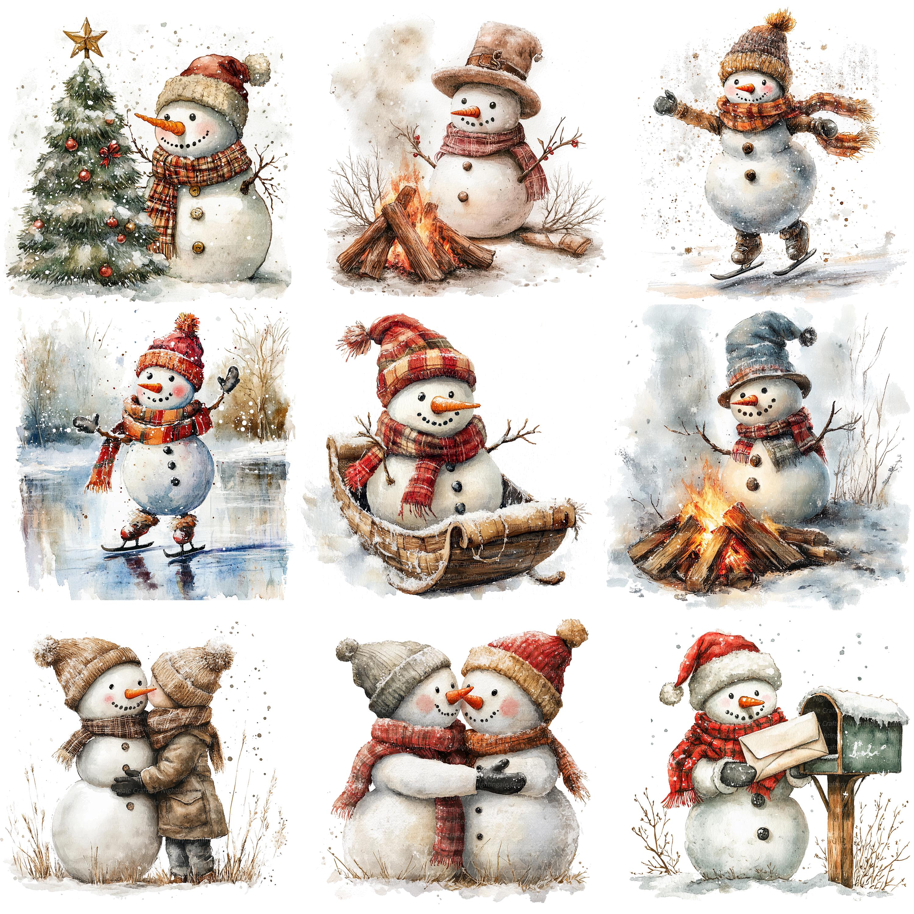 40 Various Snowmen Set Clipart, Christmas Bundle, Printable Watercolor ...