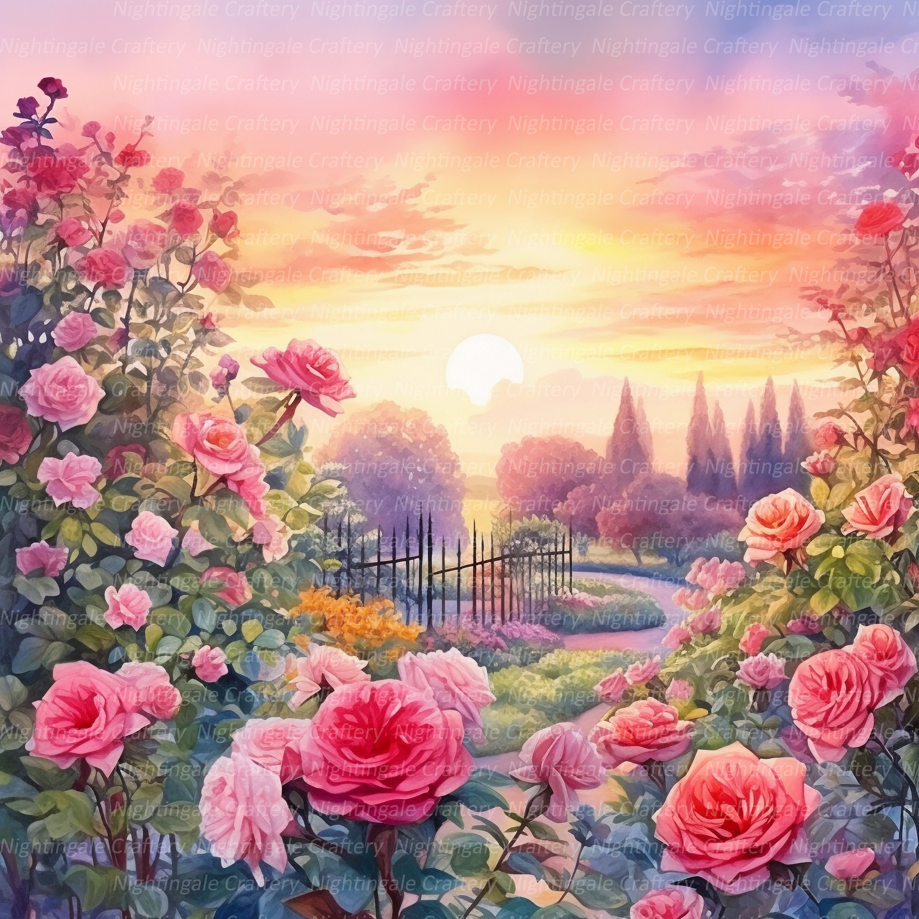 10 Rose Garden Clipart, Sunset Over Garden, Printable Watercolor ...