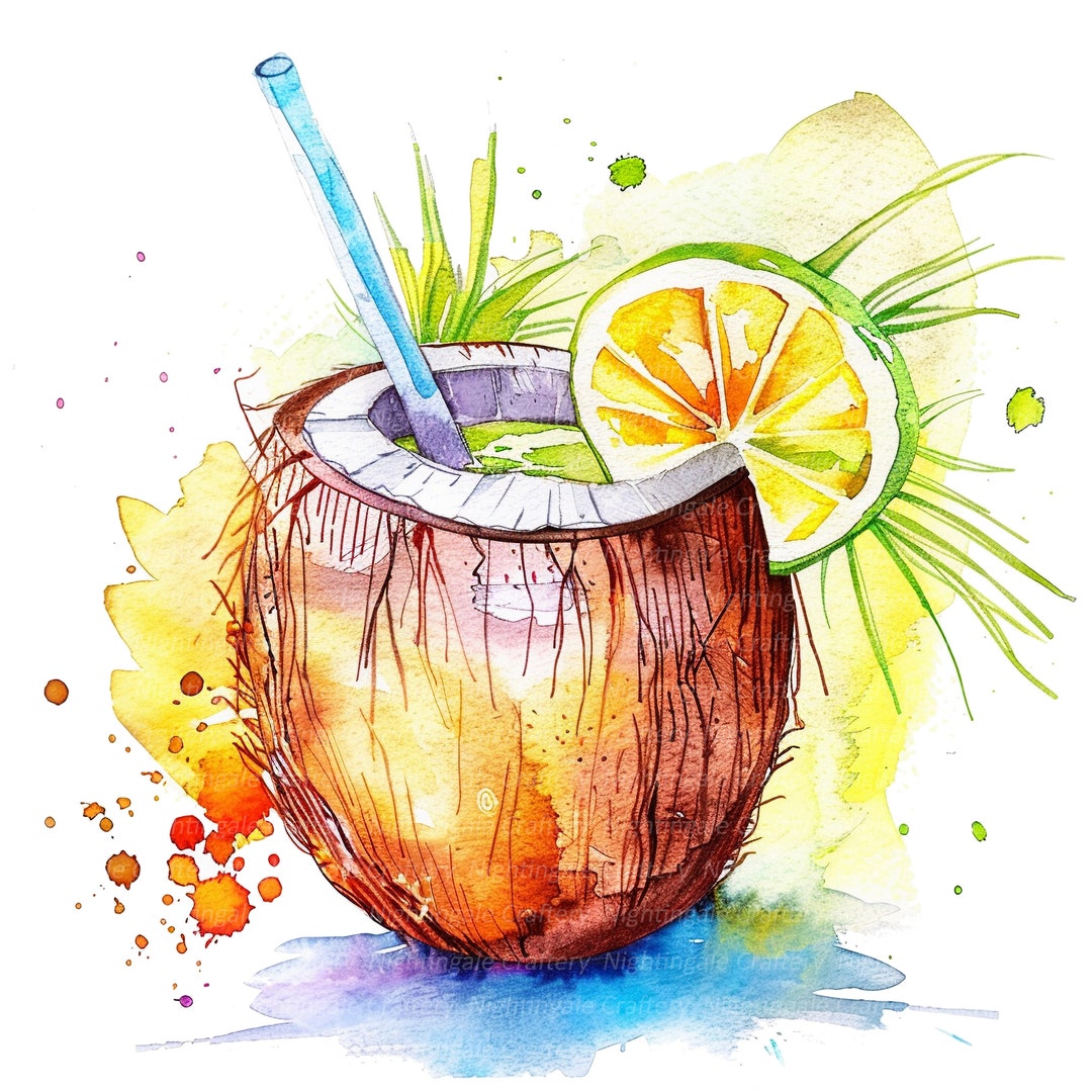 10 Beach Cocktails Clipart, Coconut Cocktails, Printable Watercolor ...