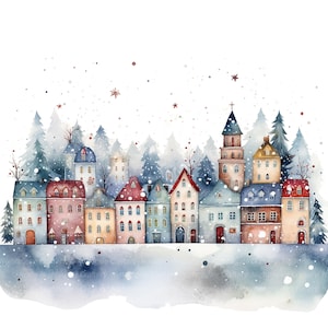 9 Christmas Card Clipart, Winter Houses Card, Printable Watercolor ...