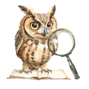 10 Owl With Magnifying Glass Clipart, Digital Clipart, Watercolor ...