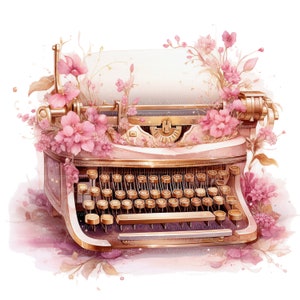 8 Pink Vintage Typewriter Clipart, Golden Pink, Printable Watercolor ...
