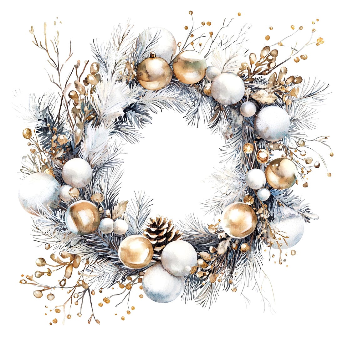 12 Christmas Wreath Clipart, Golden Wreath, Digital Clipart, Watercolor ...