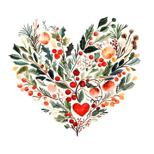 14 Christmas Decor Clipart, Floral Heart, Printable Watercolor Clipart ...