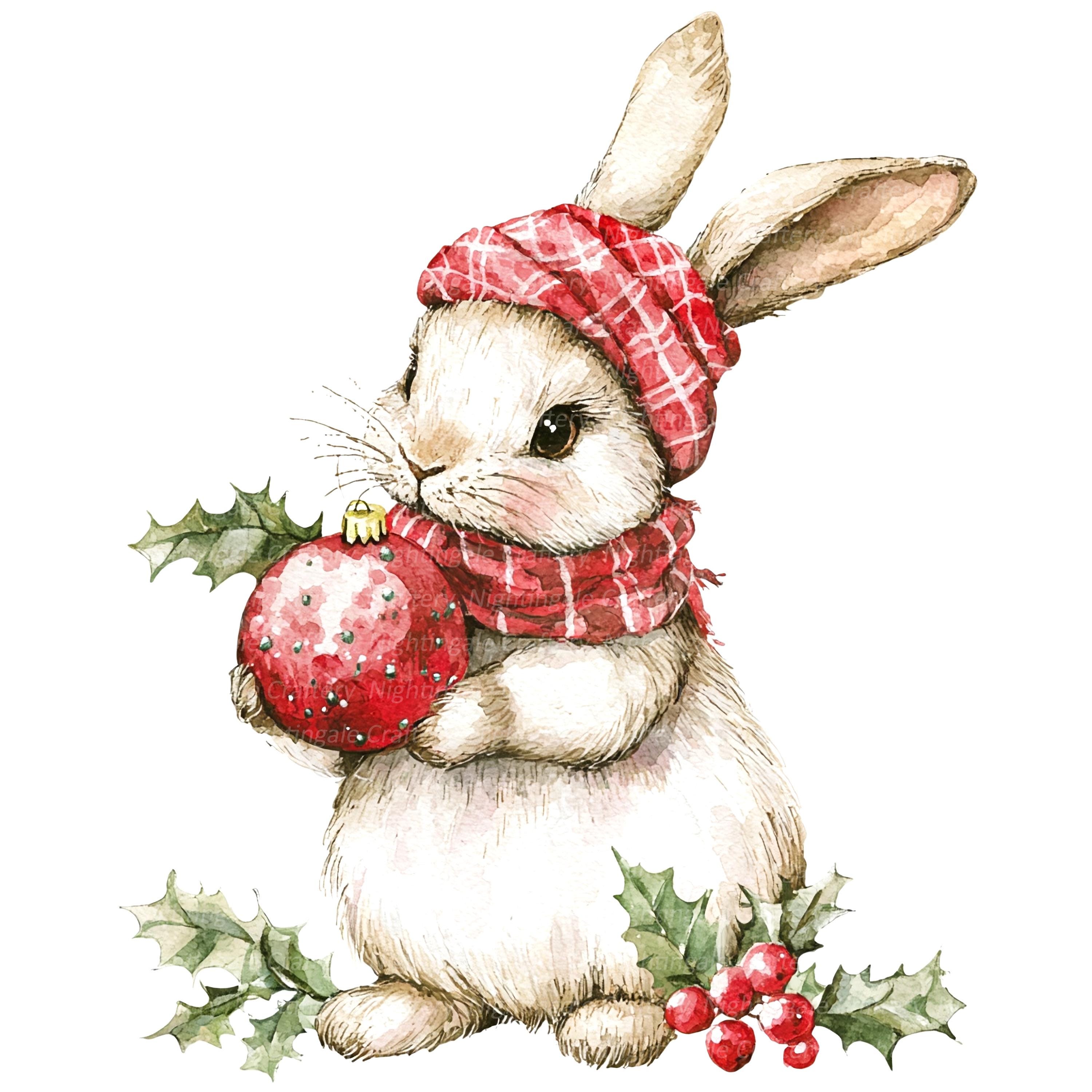 14 Christmas Bunny Clipart, Retro Bunny, Printable Watercolor Clipart ...