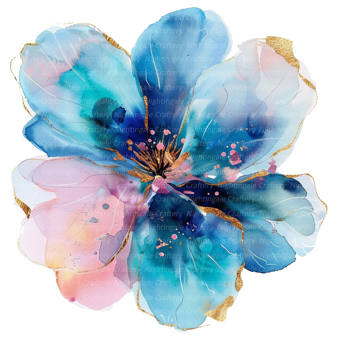 10 Abstract Blue Pink Flowers Clipart, Printable Watercolor Clipart ...