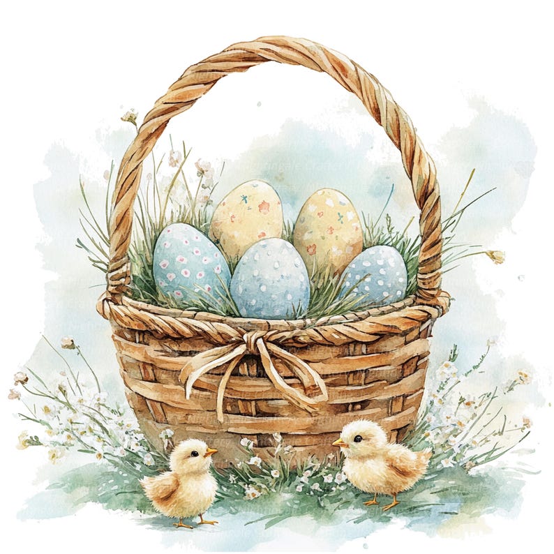 11 Easter Basket Clipart, Easter Chicks Clipart, Printable Watercolor ...