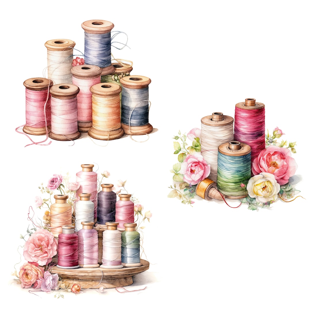 14 Vintage Spools of Thread Clipart, Floral, Printable Watercolor ...
