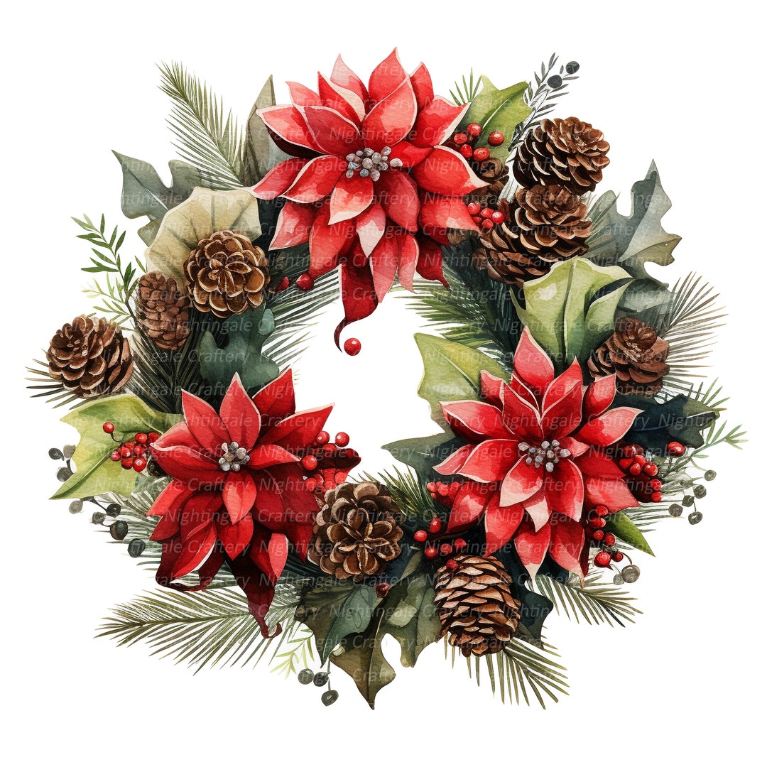 16 Christmas Wreath Clipart, Poinsettia Clipart, Digital Clipart ...