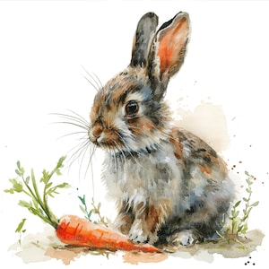 10 Bunny With Carrot Clipart, Rabbit Clipart, Printable Watercolor ...
