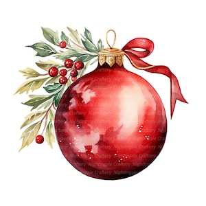 12 Red Bauble Clipart, Christmas Bauble Clipart, Printable Watercolor ...