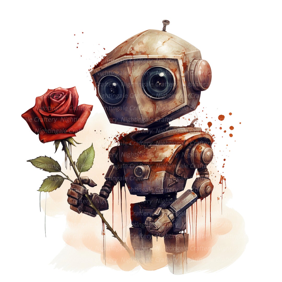 12 Robot With Rose Clipart, Cartoon Robot Love, Printable Watercolor ...