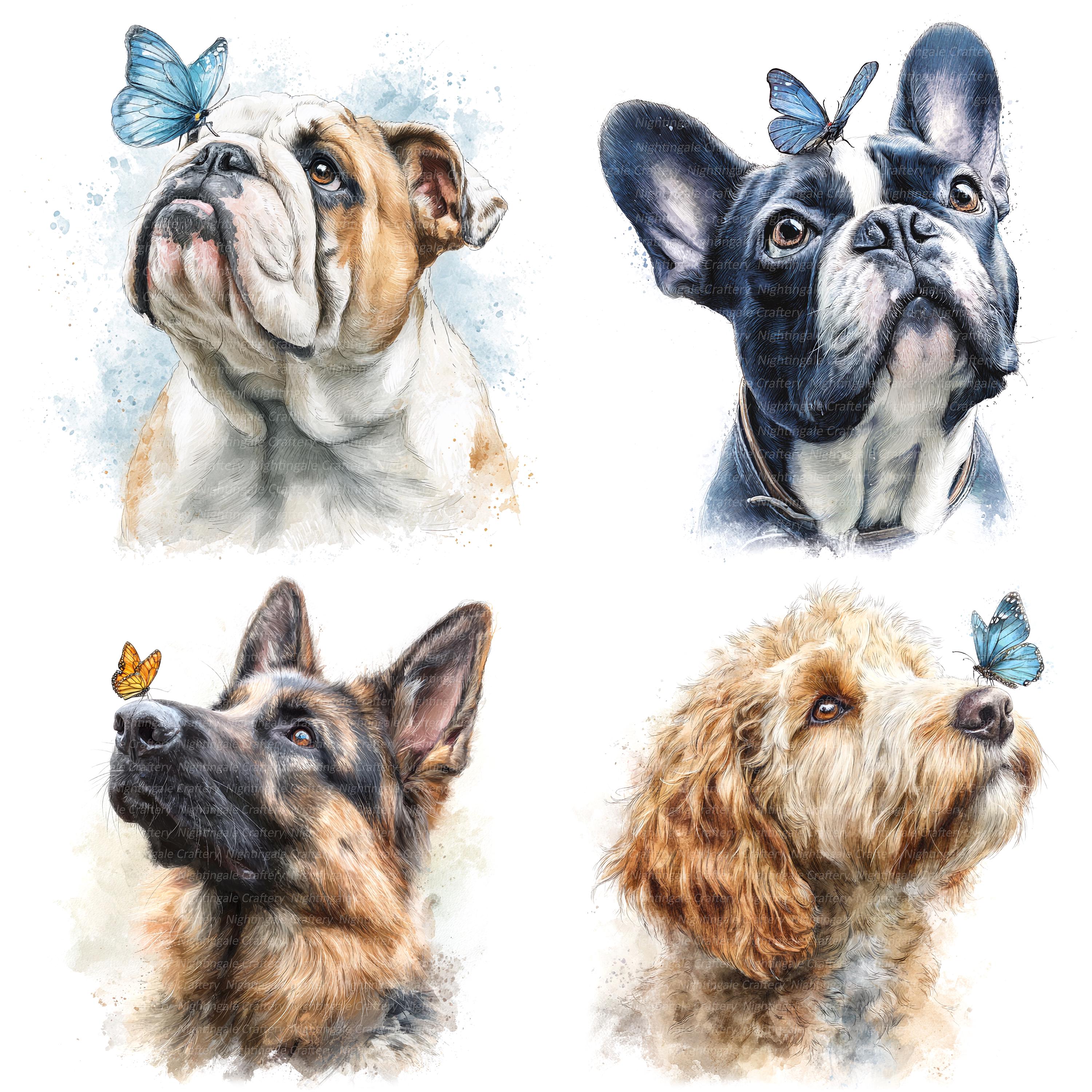 22 Dog and Butterfly Clipart, Various Dogs, Printable Watercolor ...