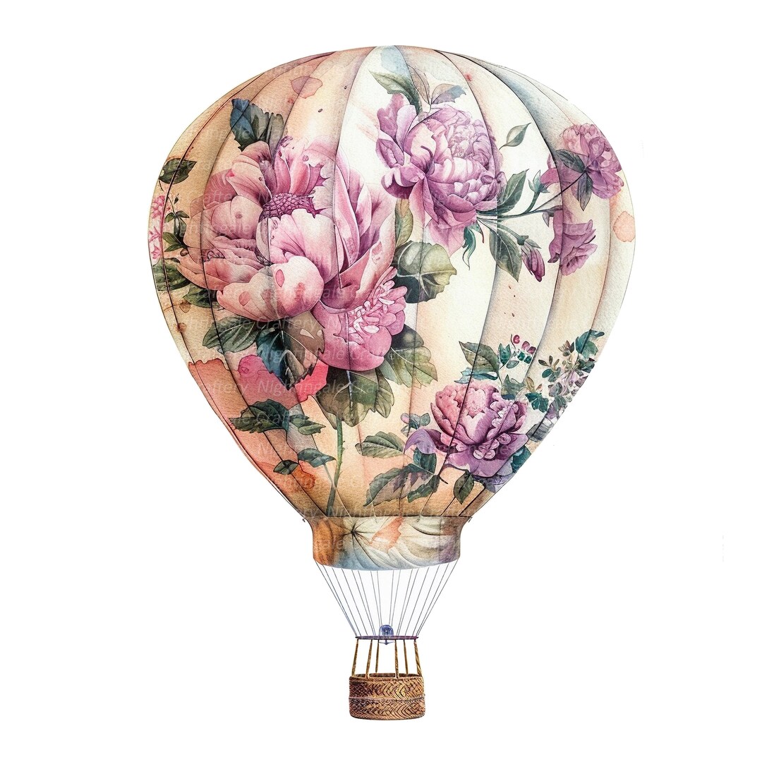 12 Hot Air Balloon Clipart, Floral Vintage Balloon, Printable ...