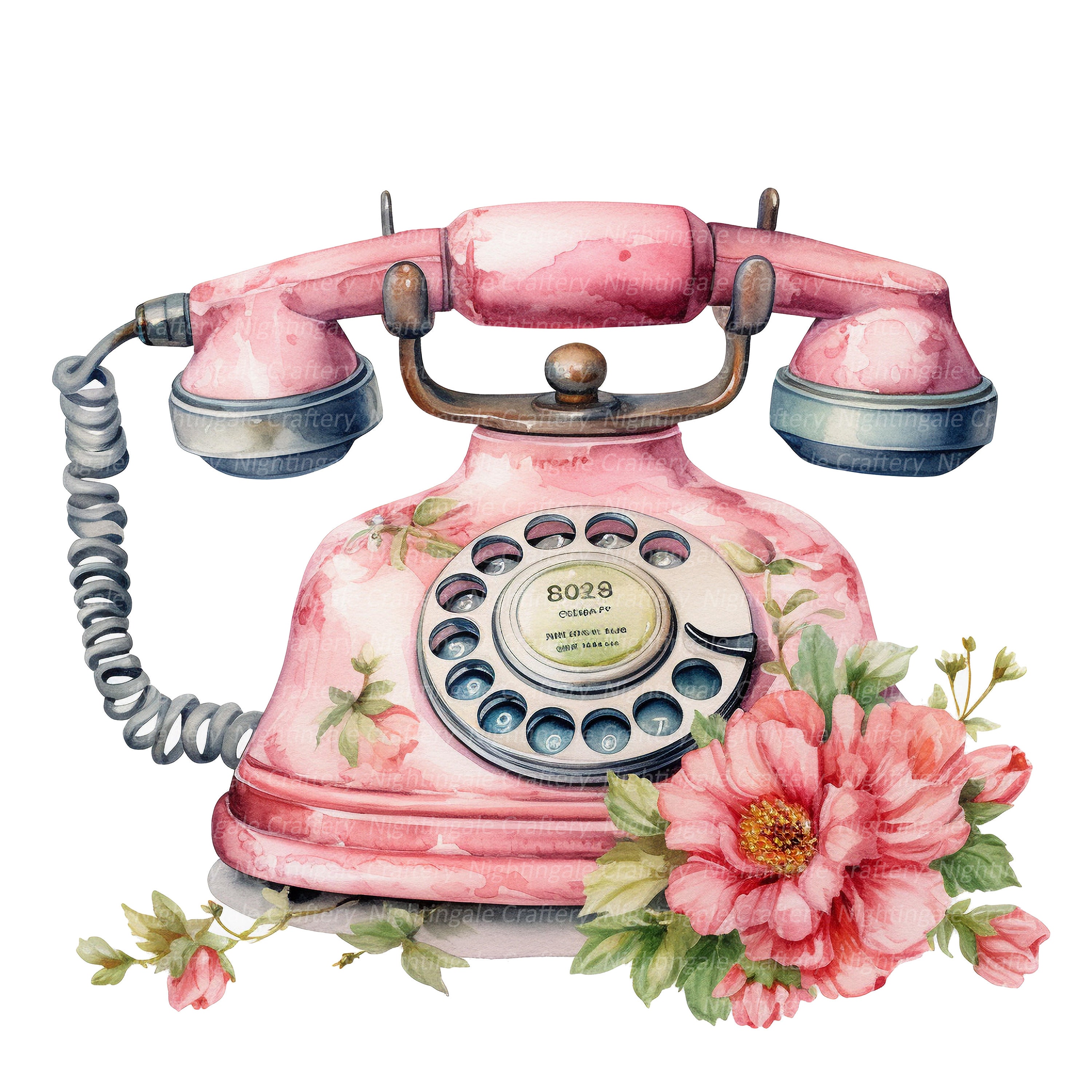 8 Vintage Floral Phone Clipart, Retro Telephone, Printable Watercolor ...